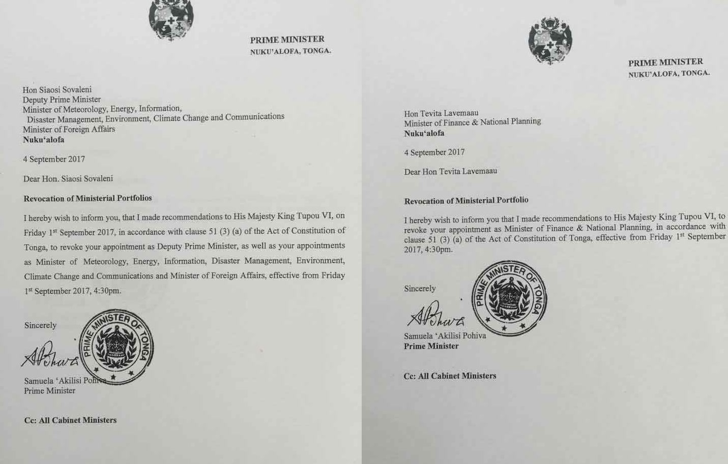 Letters confirm sacking of two Tonga MPs | RNZ News