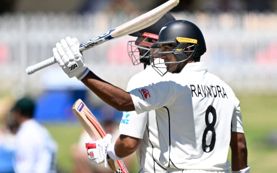 Black Caps dominant, Ravindra scores double ton | RNZ News