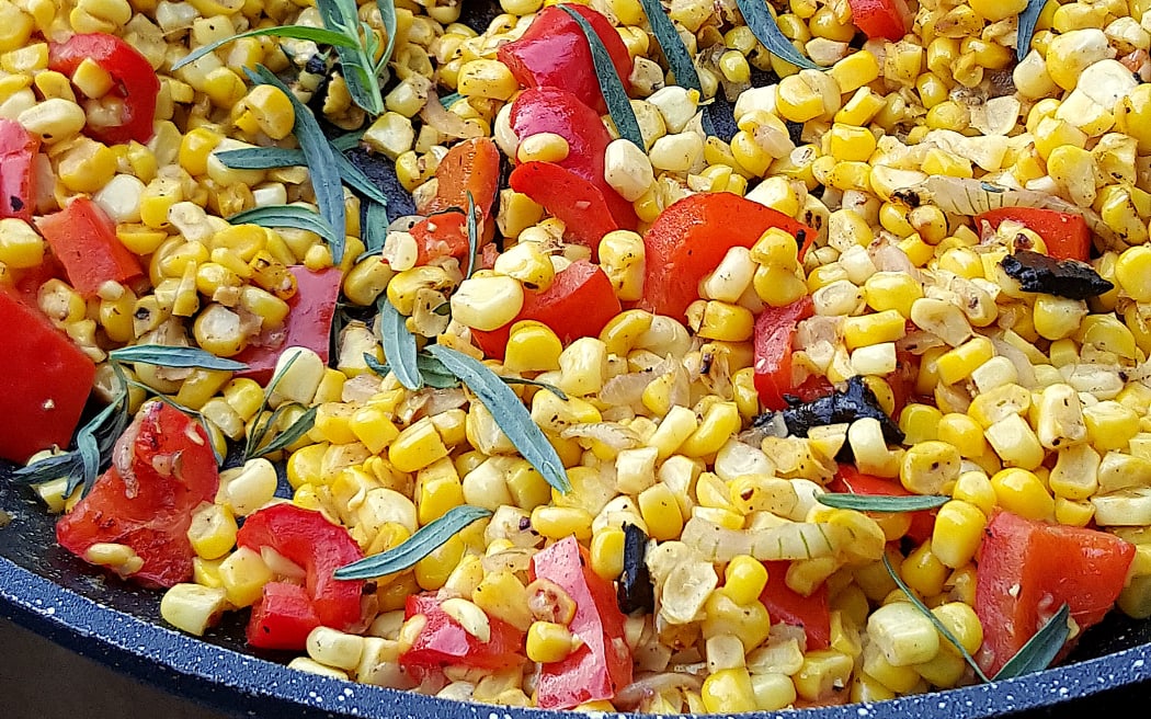 Sweet Corn with Red Pepper & Black Garlic salad | RNZ Recipes