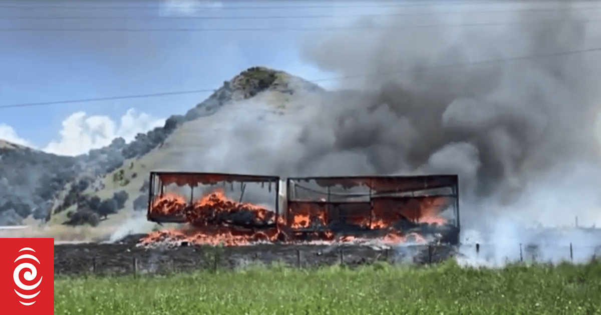 Large truck fire on SH1 in Canterbury causes delays | RNZ News